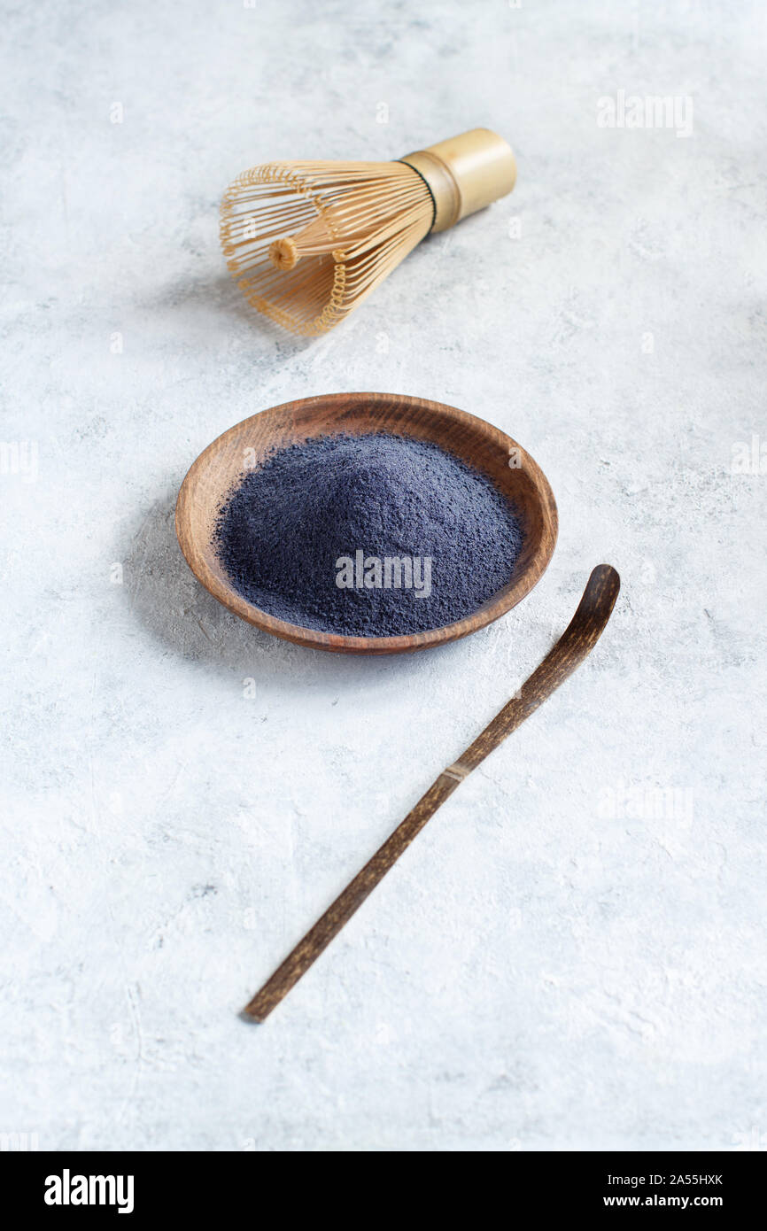 Butterfly pea blue matcha powder word with wrisk Stock Photo - Alamy