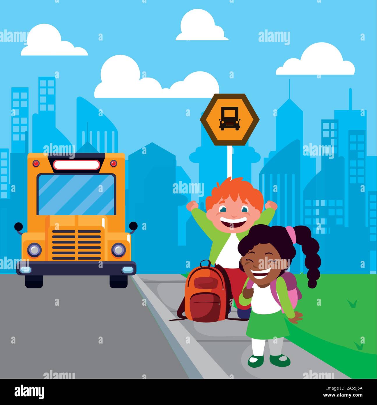 couple of students at the bus stop with background city vector ...