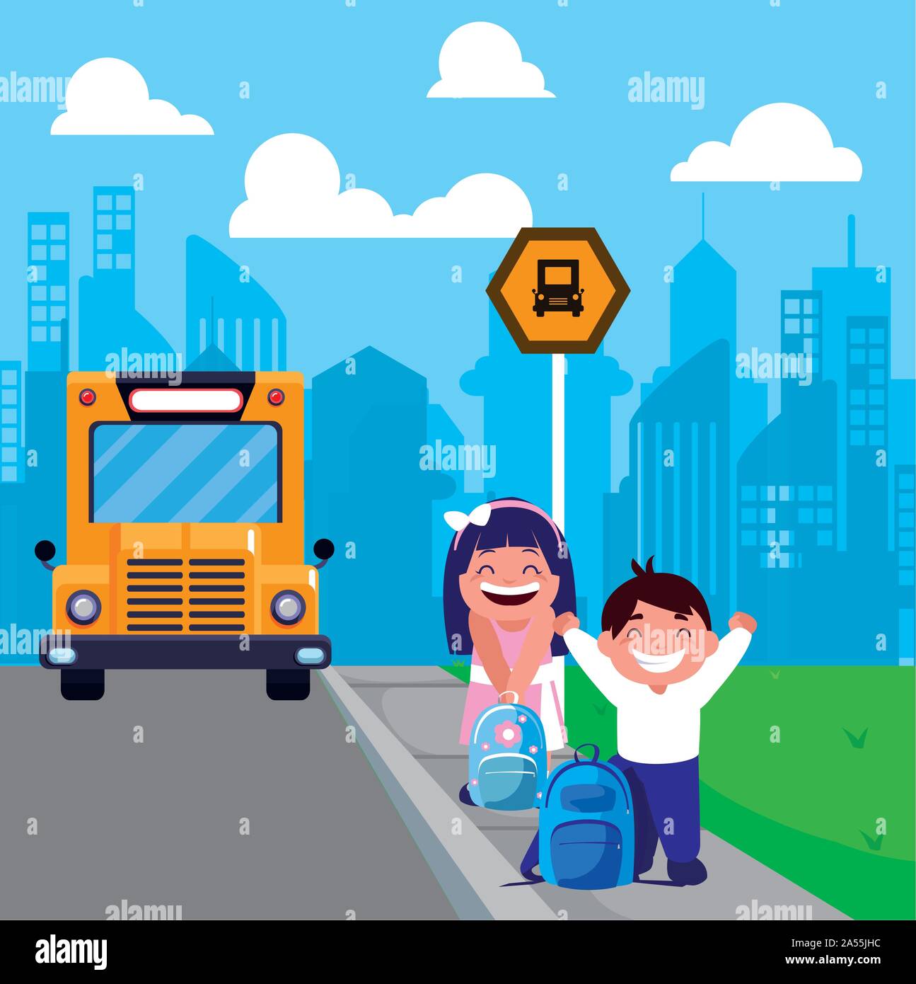 couple of students at the bus stop with background city vector ...