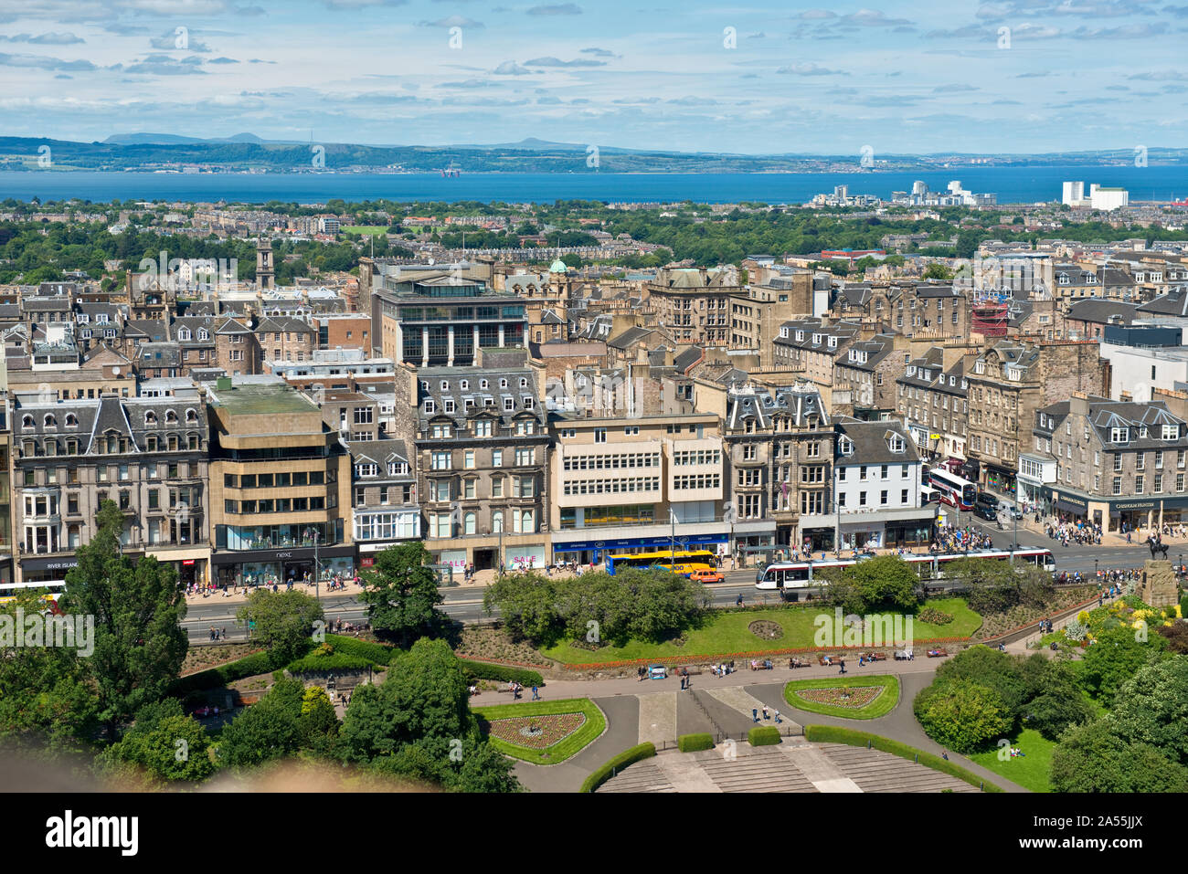 View from Edinburgh castle down to Princes Street and Princes Gardens ...