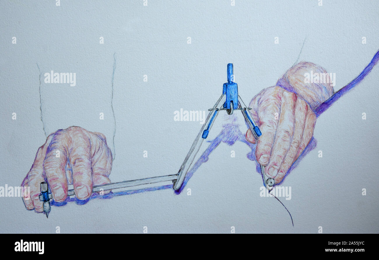 Illustation of Hands drawing arc with extended dividers Stock Photo - Alamy