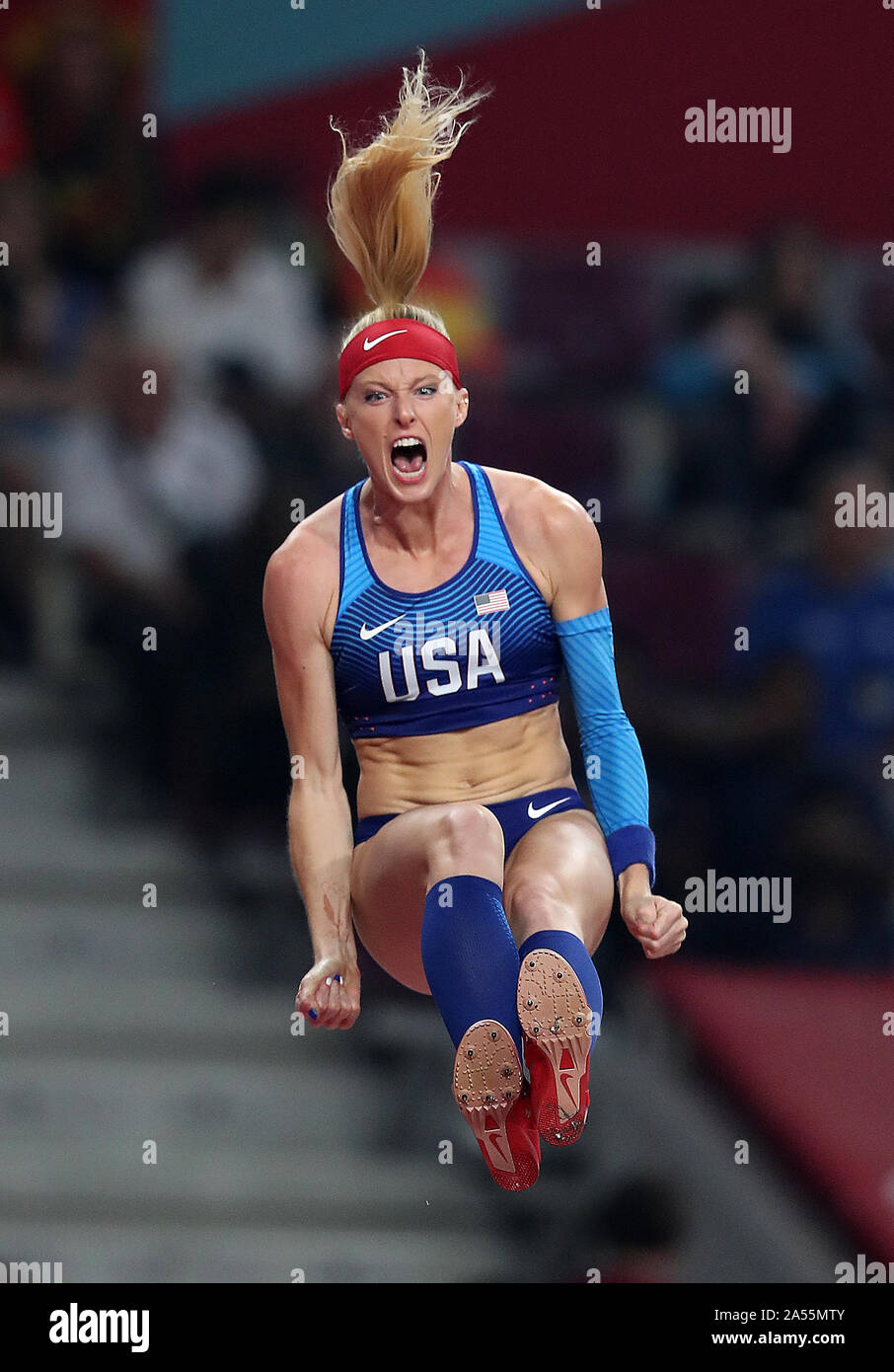 USA's Sandi Morris celebrates a clearance during the Women's Pole Vault ...