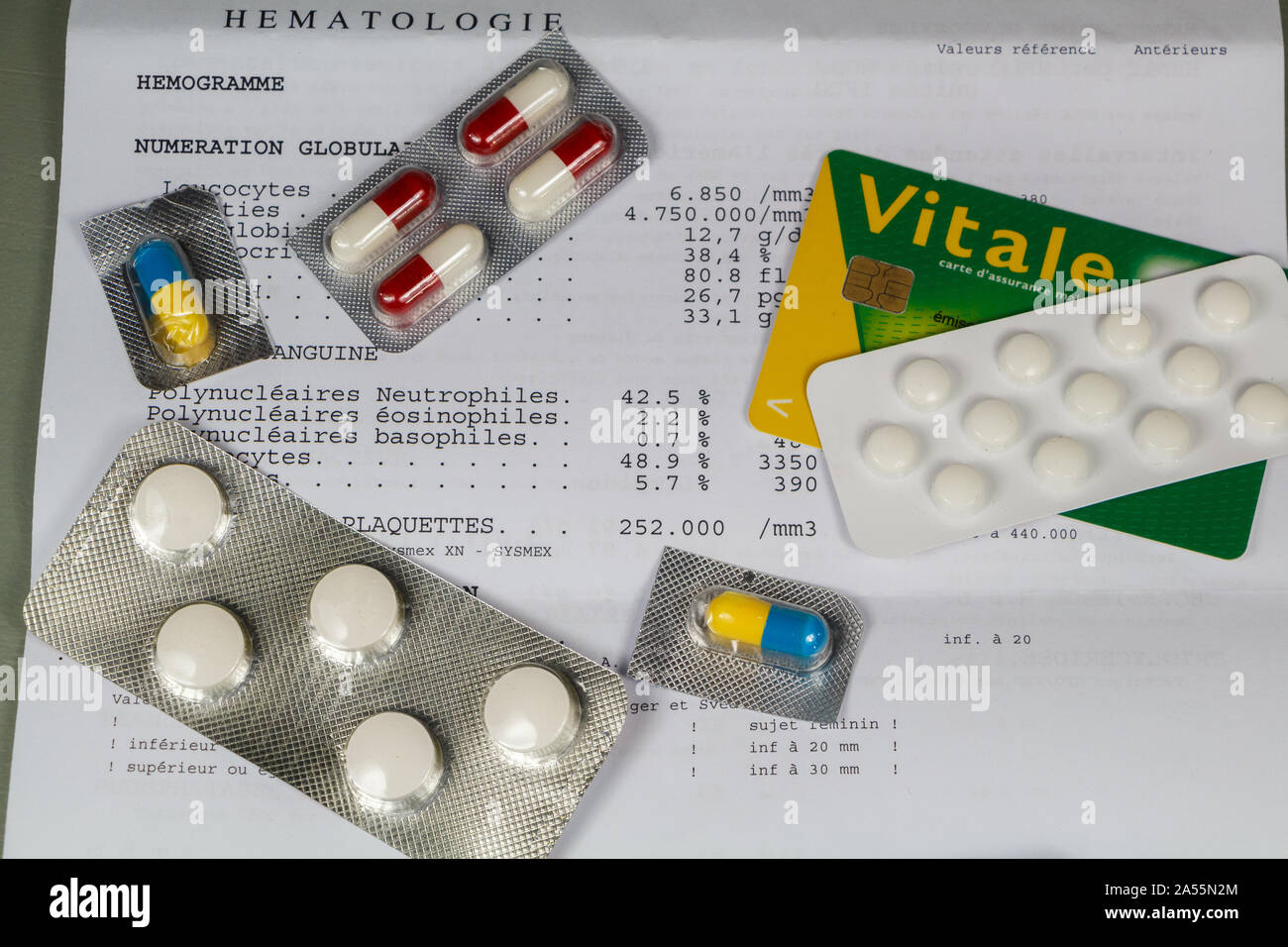 Results of blood test written in french language, packs of pills and ...