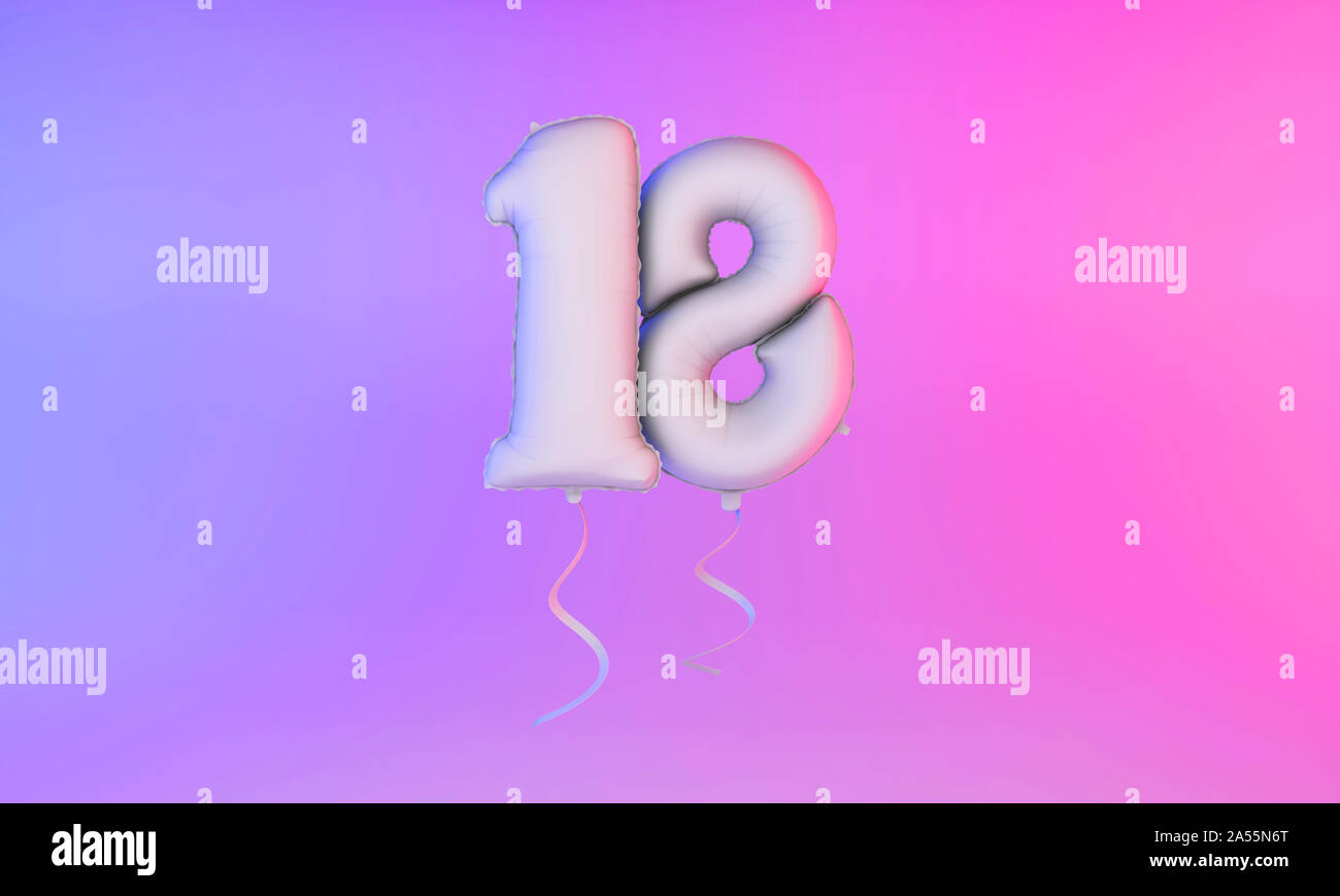 White number 18 celebration balloon greeting background. 3D Rendering ...