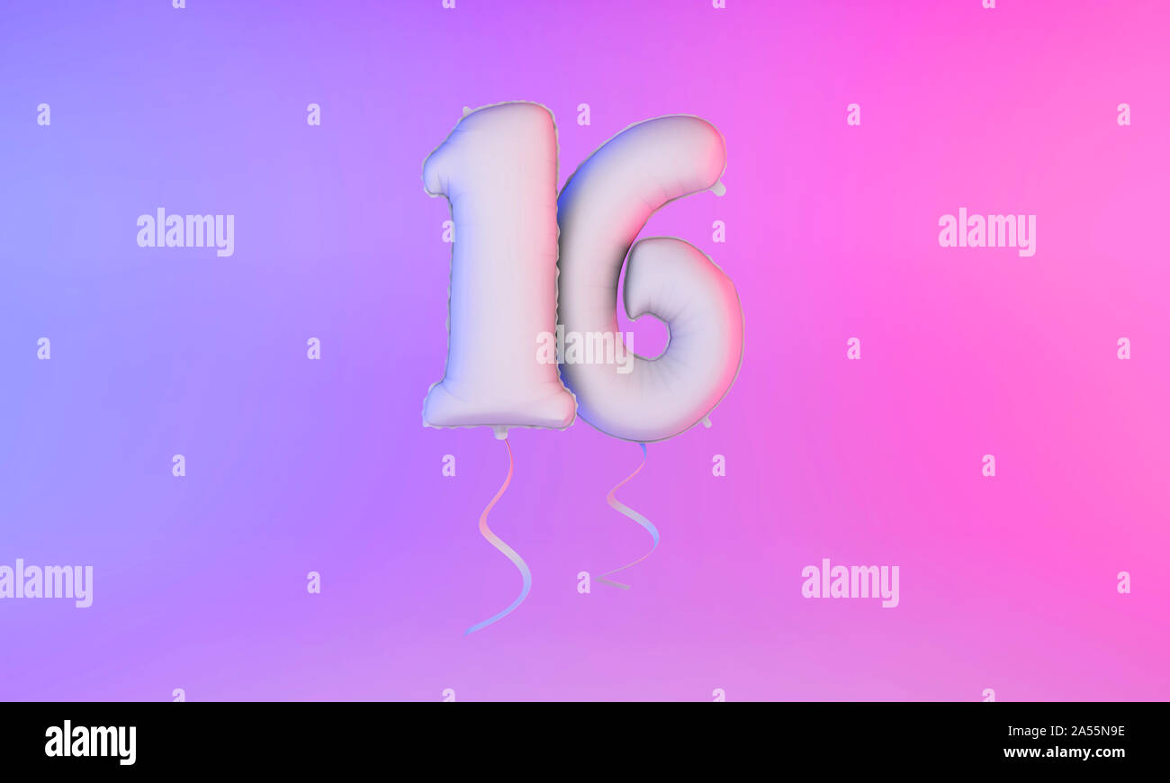 White number 16 celebration balloon greeting background. 3D Rendering ...