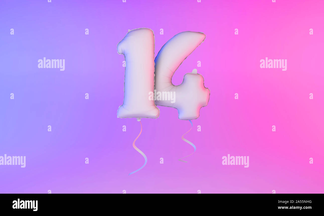 White number 14 celebration balloon greeting background. 3D Rendering ...