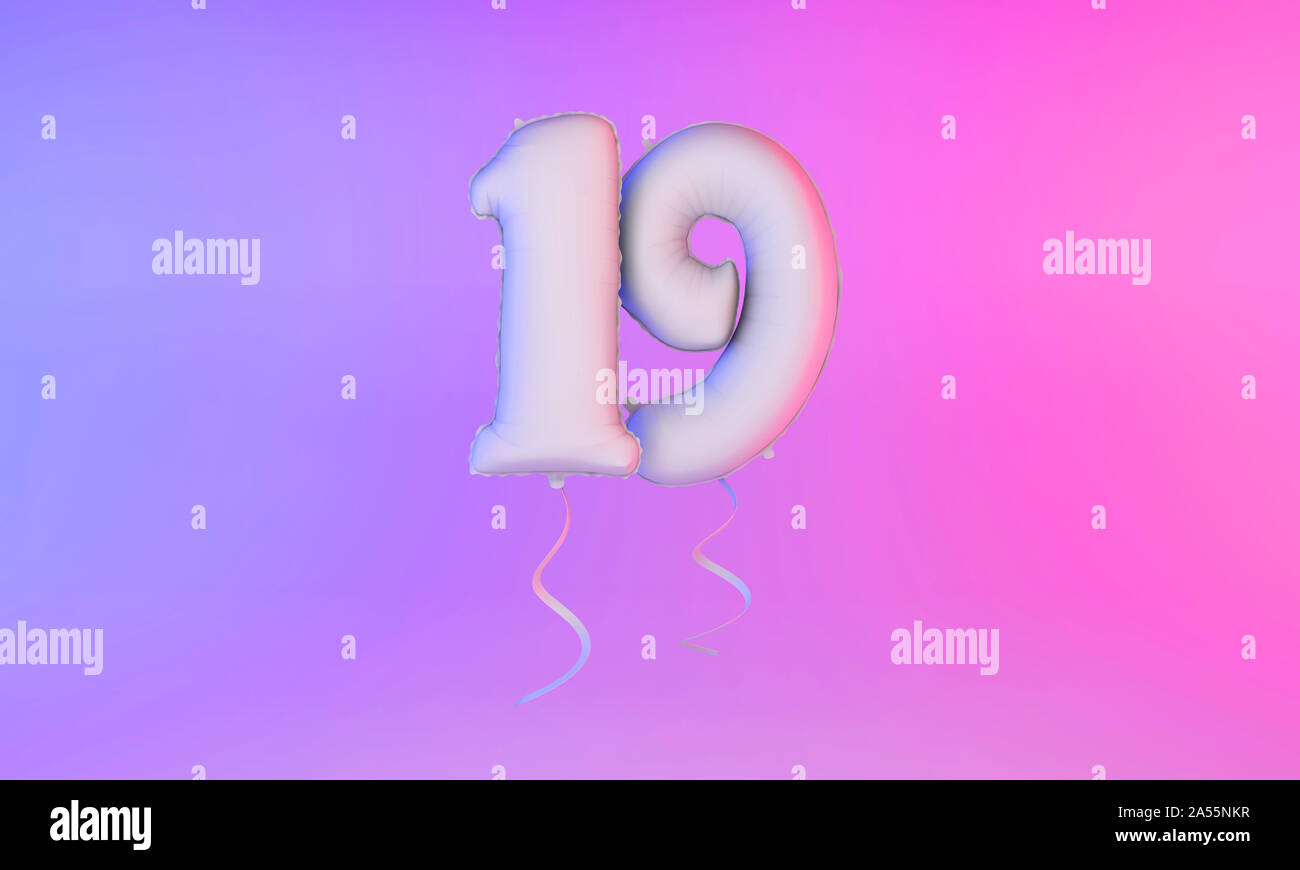 White number 19 celebration balloon greeting background. 3D Rendering ...