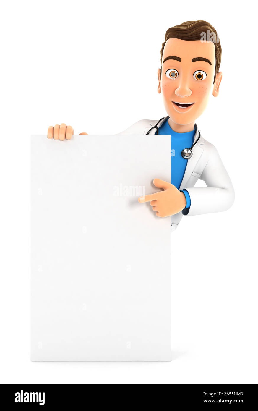 3d doctor pointing to vertical board, illustration with isolated white ...