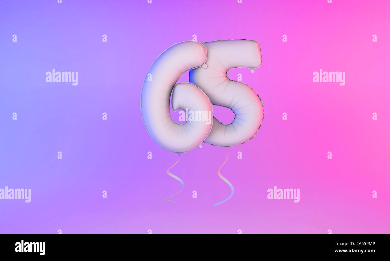 White number 65 celebration balloon greeting background. 3D Rendering ...