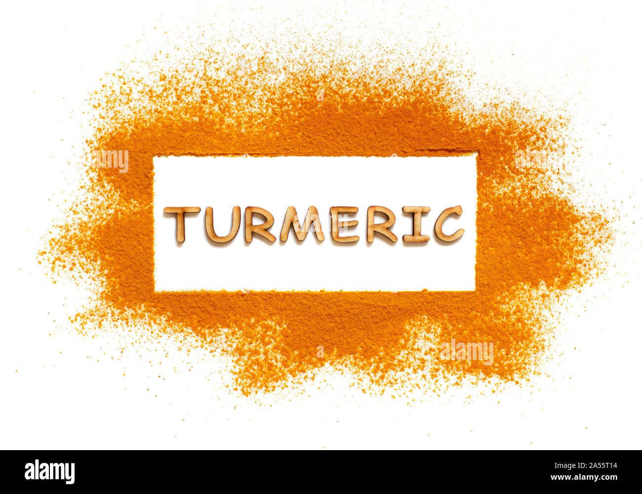 Turmeric powder with word Turmeric on a white backgroundd top view ...