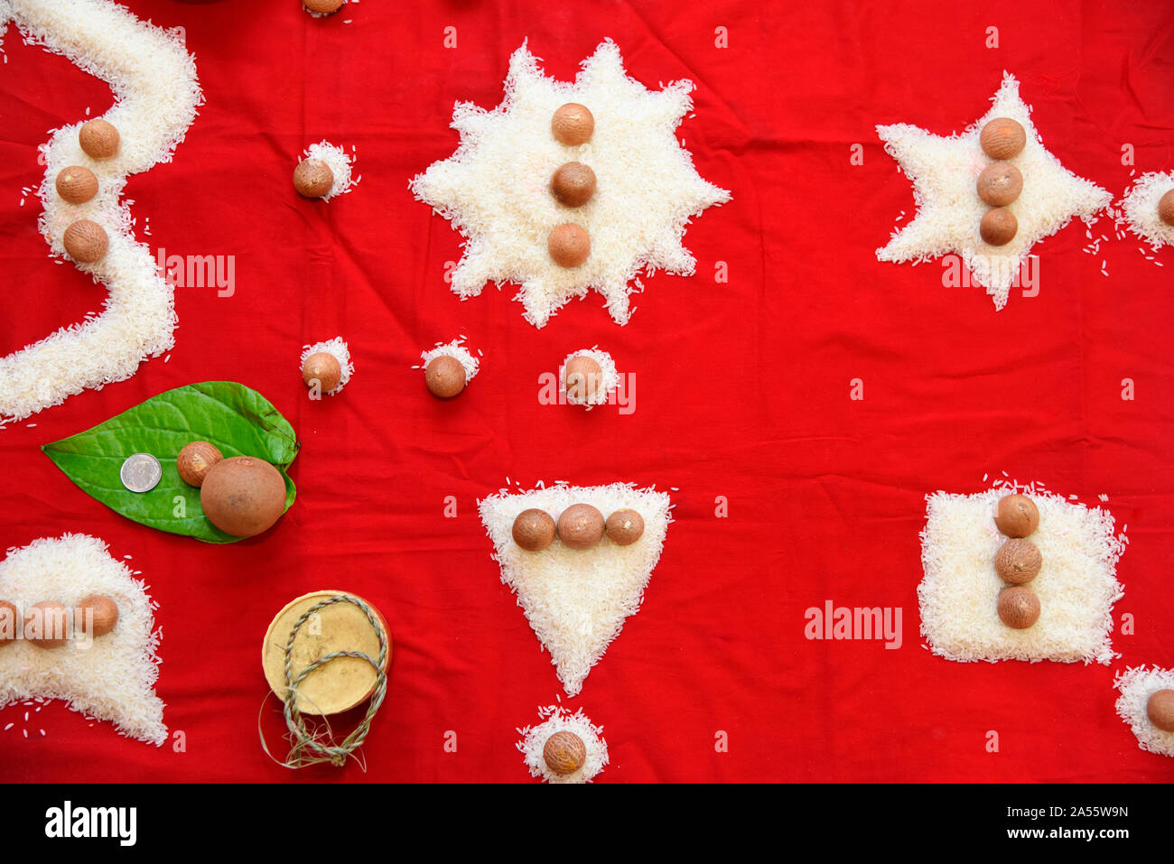Navgraha formation of rice displayed during puja in Maharashtra, India ...