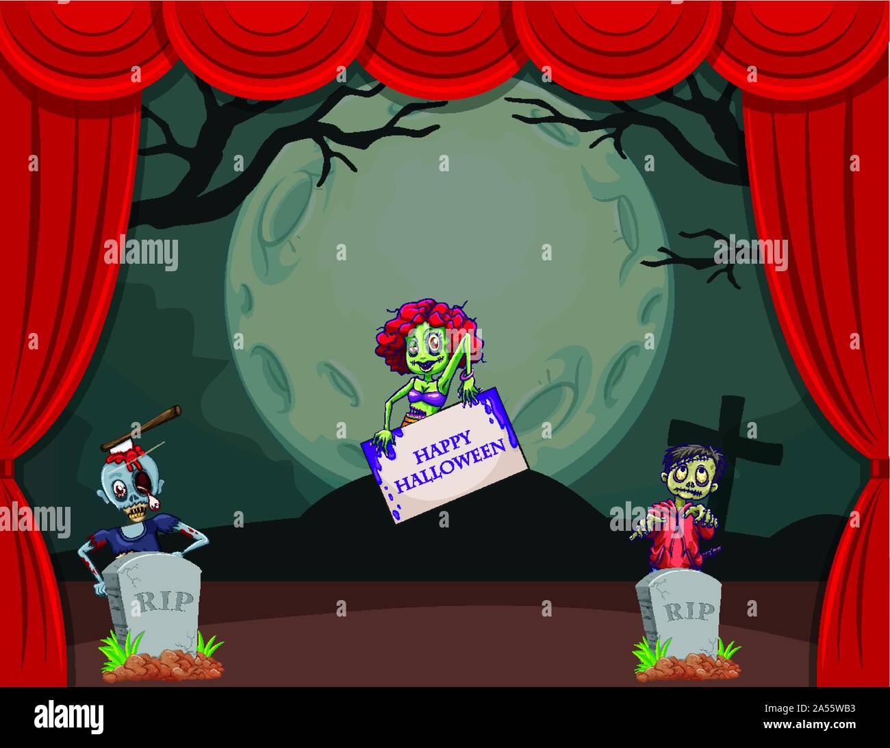 Halloween theme with zombies on stage illustration Stock Vector Image ...