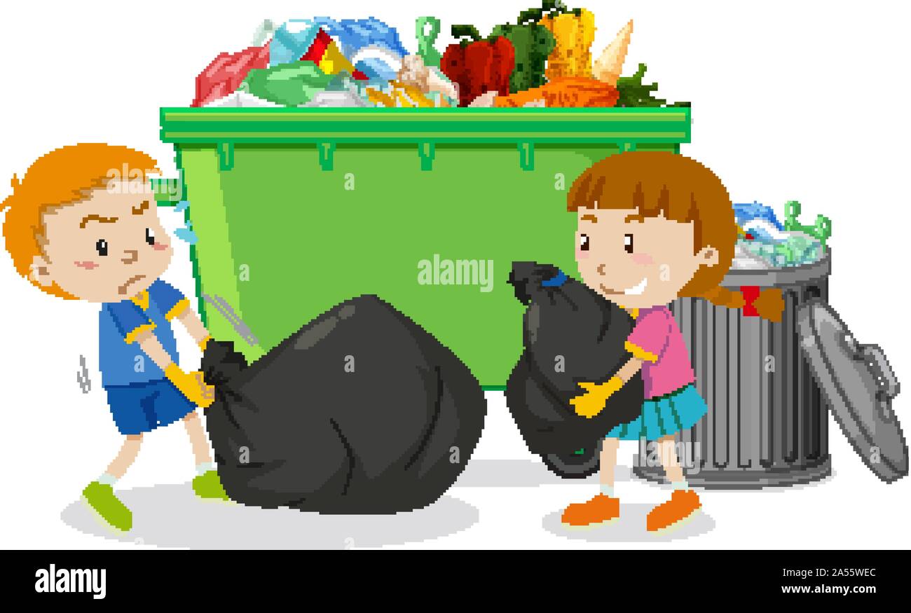Two kids dumping trash at the bin illustration Stock Vector Image & Art ...