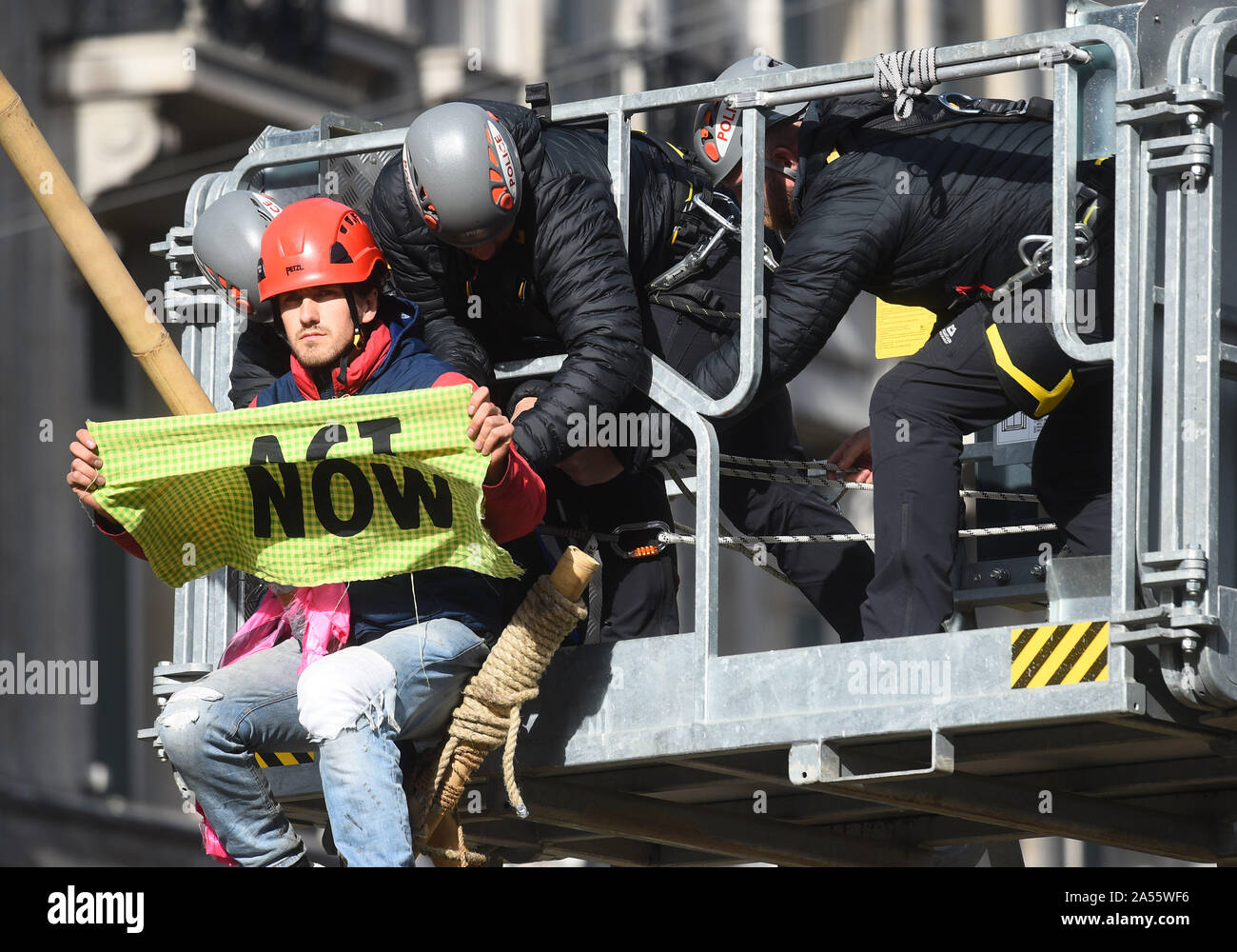 Police attempt to remove a protester that is sat on top of a bamboo ...