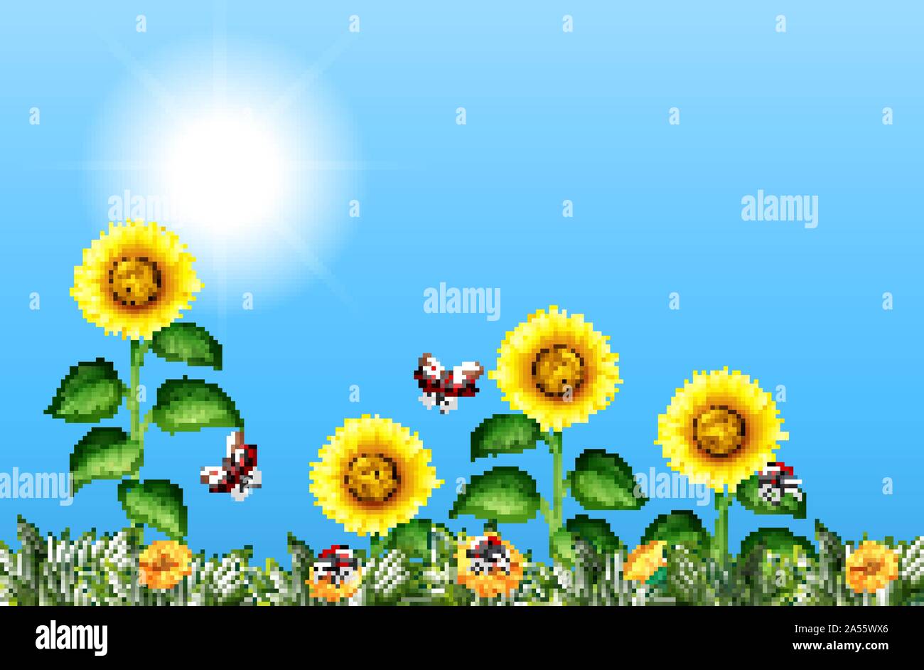 Field of sunflowers with ladybugs illustration Stock Vector Image & Art ...
