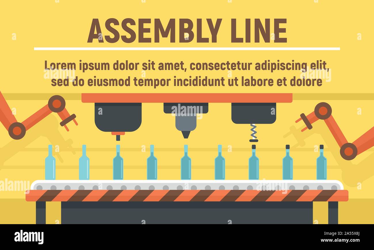 Bottle assembly line concept banner. Flat illustration of bottle ...