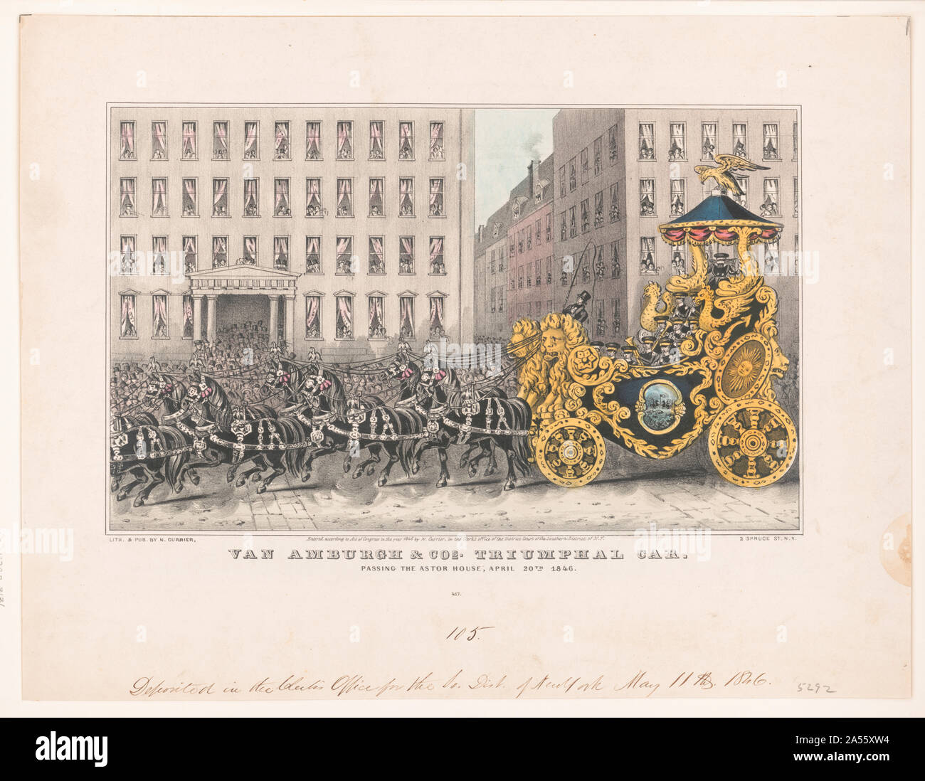 Van Amburgh & Cos. triumphal car: passing the Astor House, April 20th ...