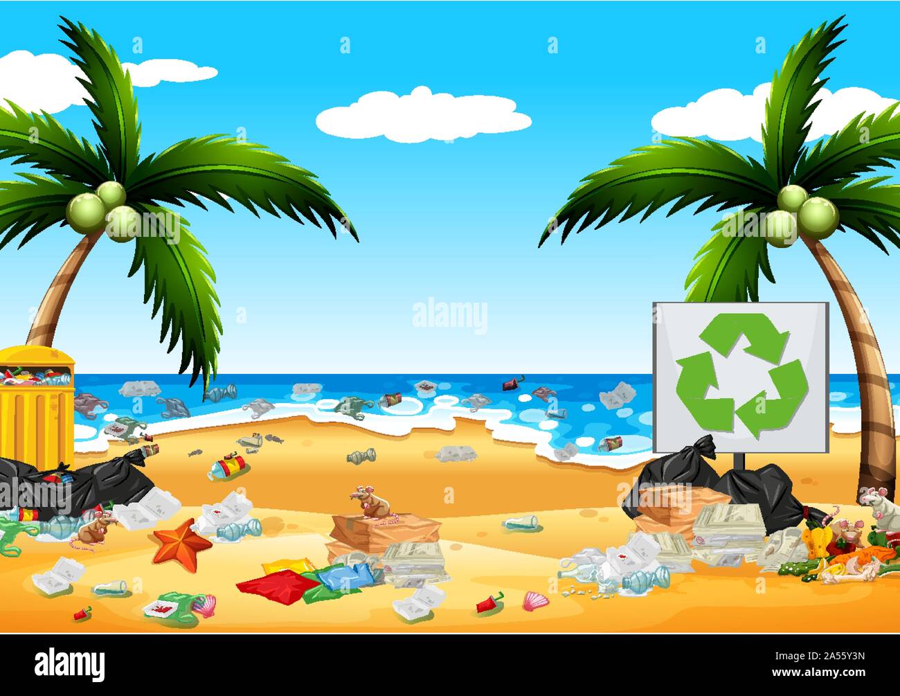 Pollution with plastic bags on the beach illustration Stock Vector ...