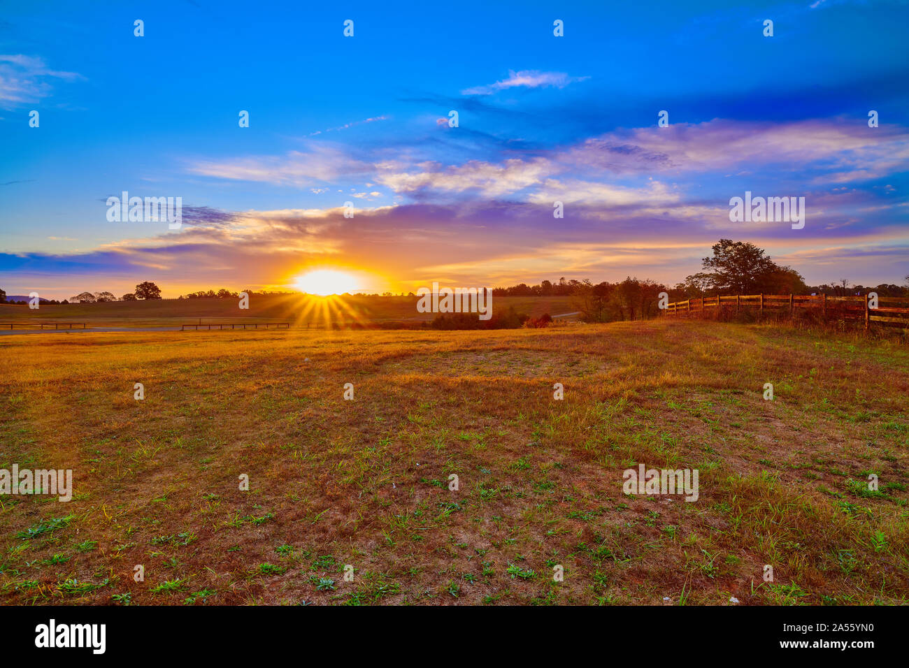 Sunrise over an open field Stock Photo - Alamy