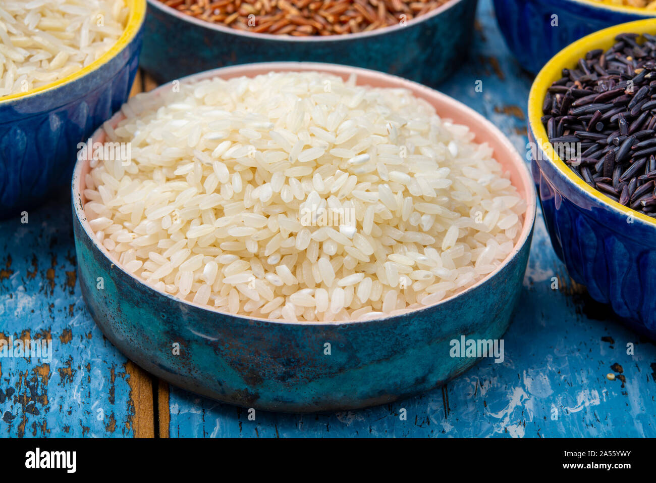 Different types of rice, white basmati, jasmine, arborio, brown and ...