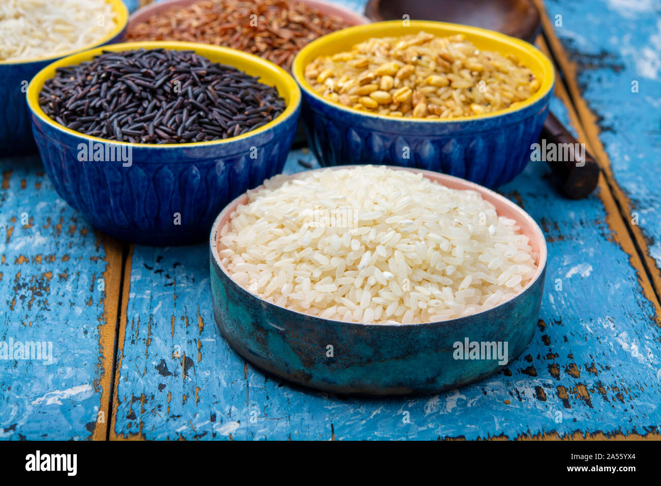 Different types of rice, white basmati, jasmine, arborio, brown and ...