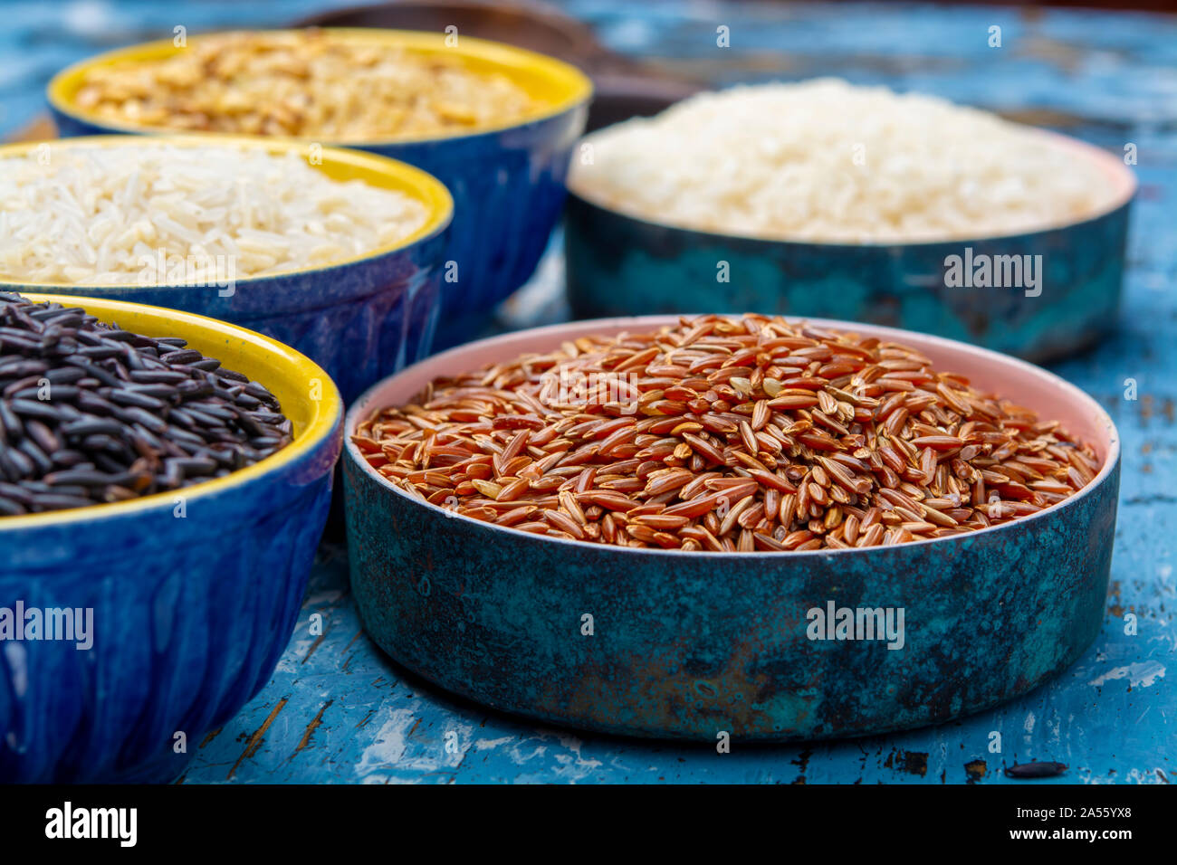 Different types of rice, white basmati, jasmine, arborio, brown and ...