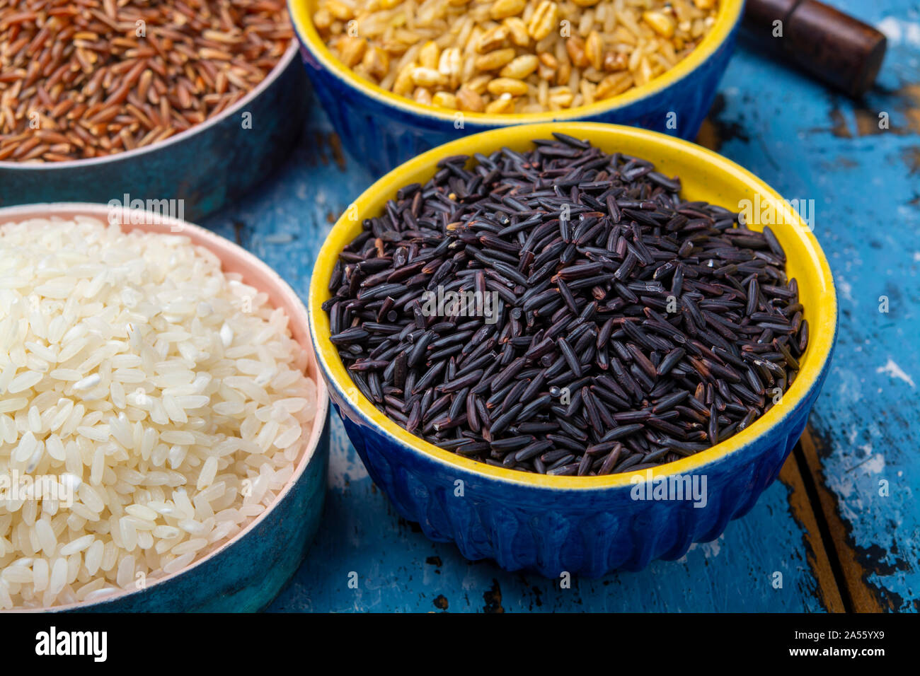 Different types of rice, white basmati, jasmine, arborio, brown and ...