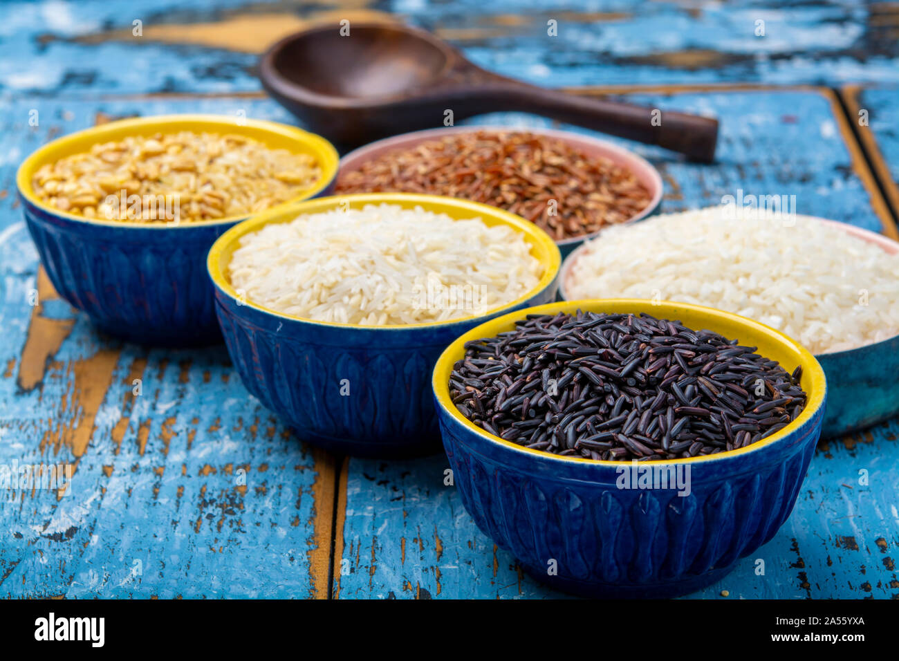 Different types of rice, white basmati, jasmine, arborio, brown and ...