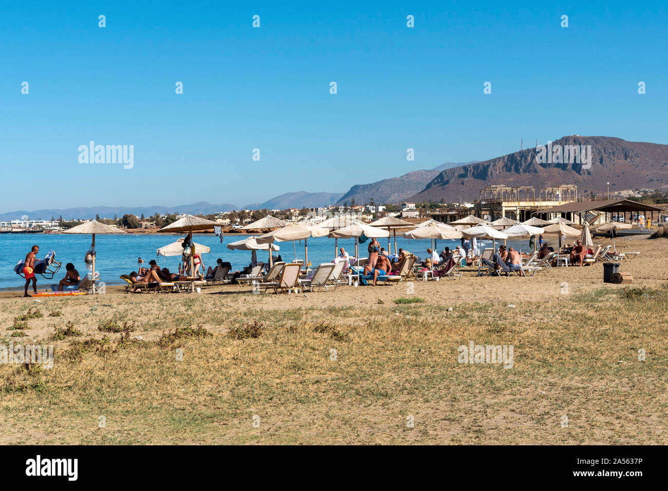 Gouves, Crete, Greece. October 2019. The small fbeach at Kato Gouves a ...