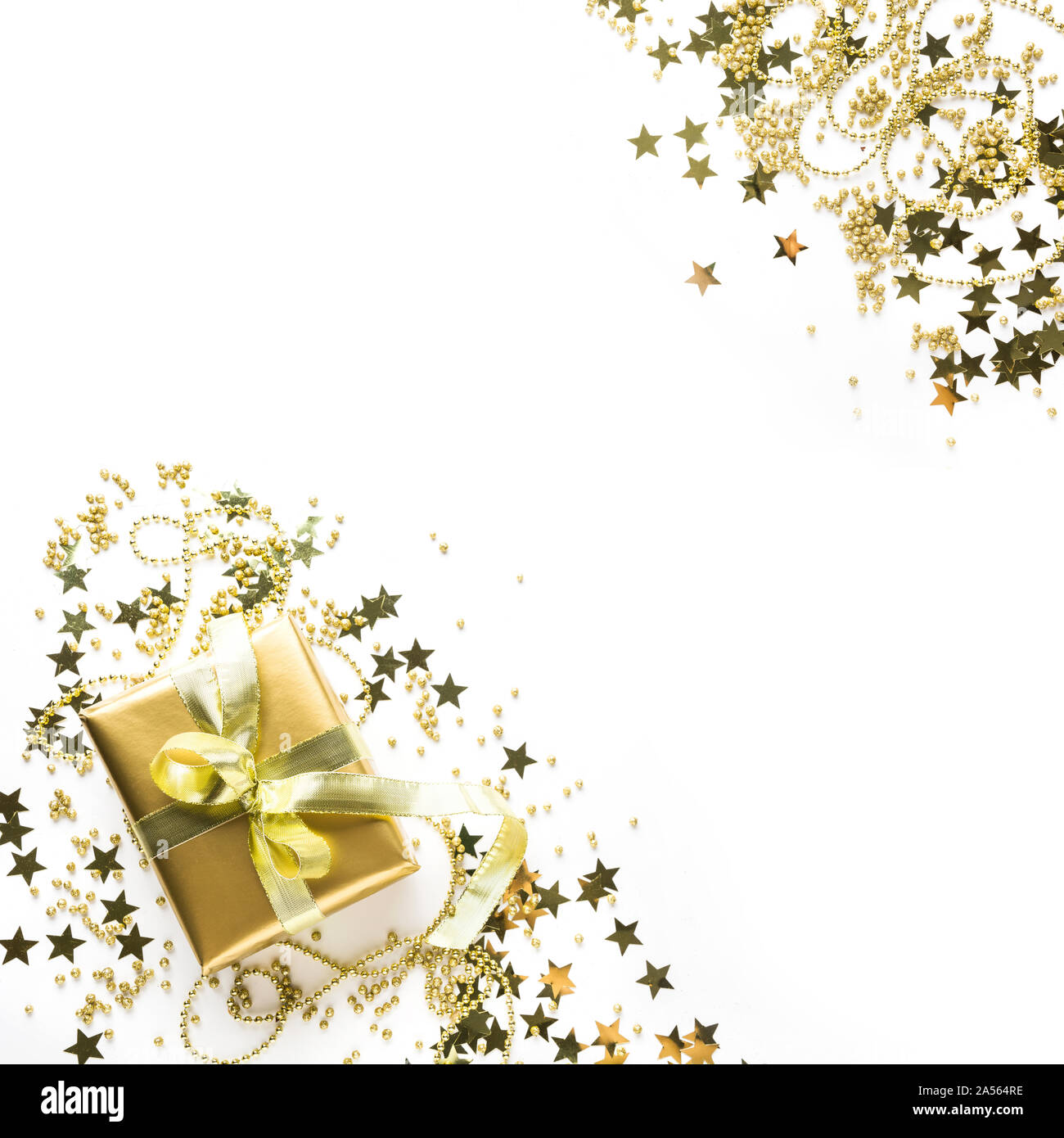 Christmas square frame with luxury golden decoration on shine white ...