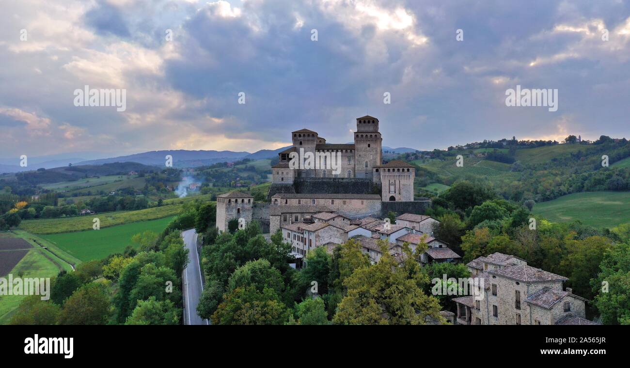 Torrechiara Castle aerial view - Torrechiara, Parma / Italy Stock Photo ...