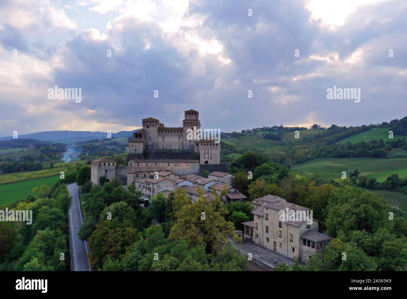 Torrechiara Castle aerial view - Torrechiara, Parma / Italy Stock Photo ...