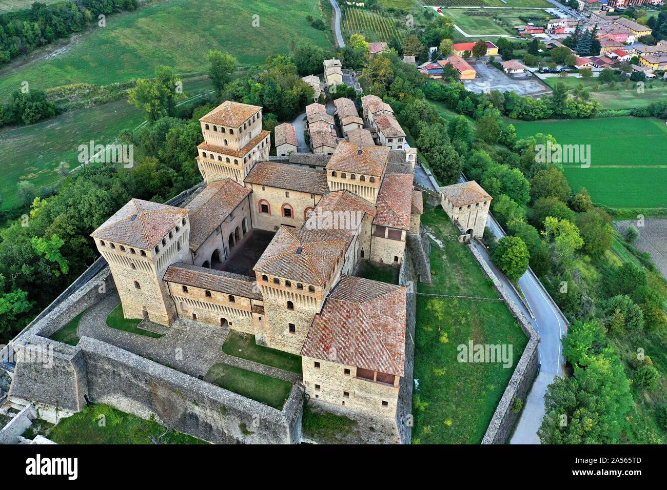 Torrechiara Castle aerial view - Torrechiara, Parma / Italy Stock Photo ...