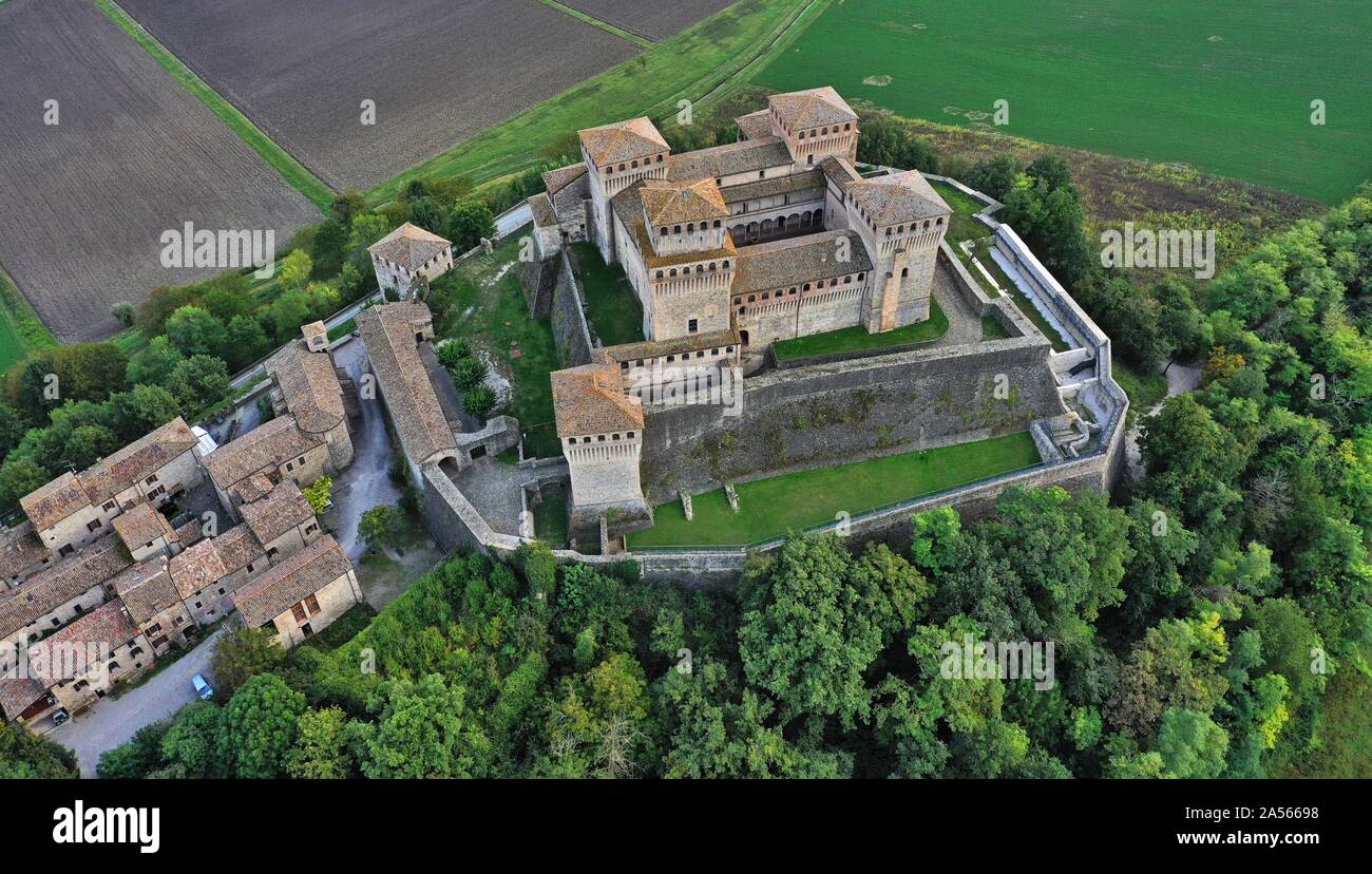 Torrechiara Castle aerial view - Torrechiara, Parma / Italy Stock Photo ...