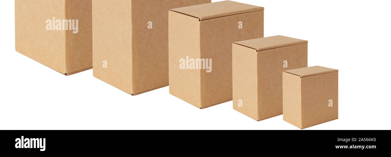 Cardboard boxes of various sizes are arranged in a row diagonally ...