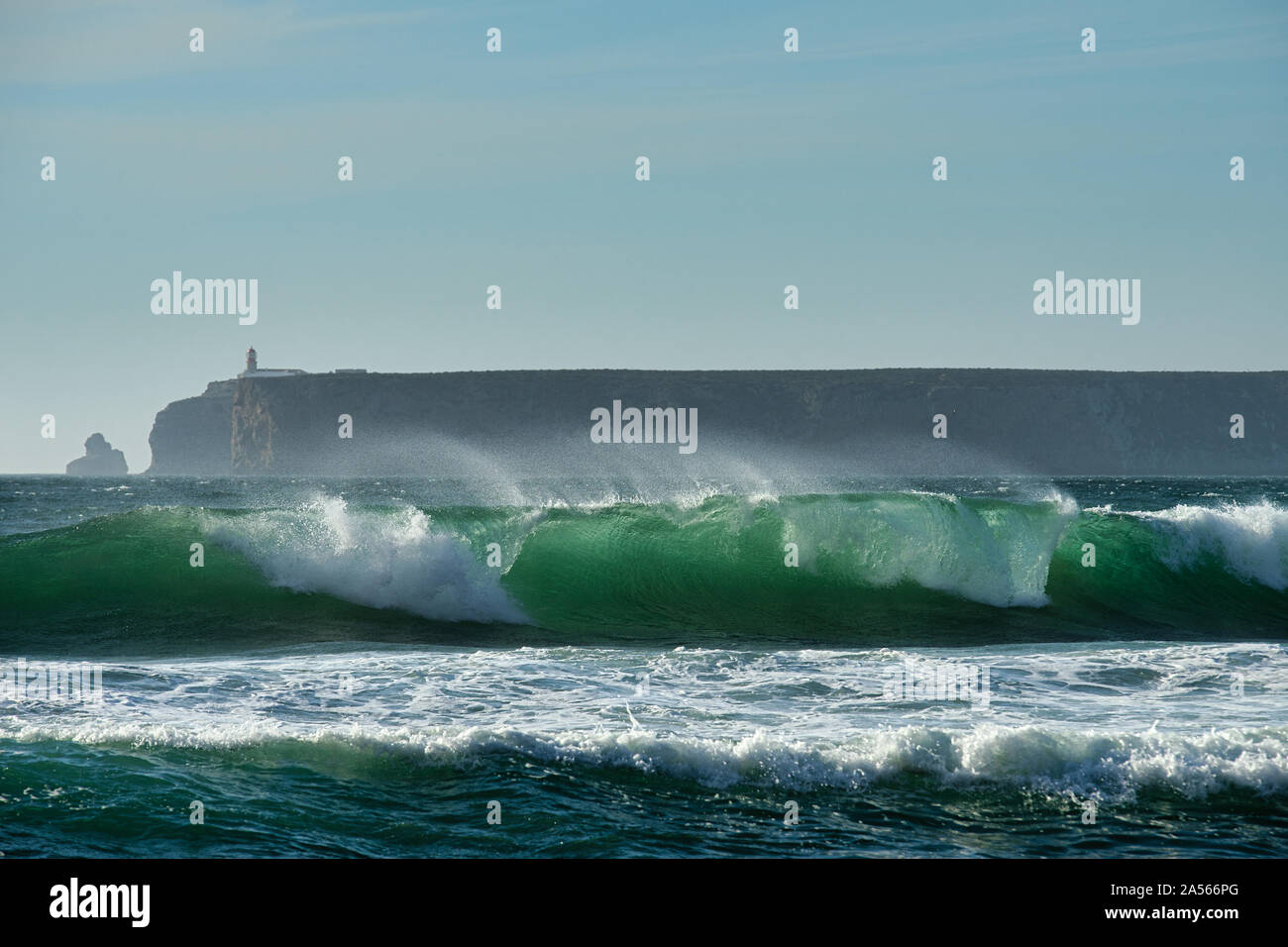 Big waves rushing to the cliffs below the Fort of Sagres (Fortaleza de ...