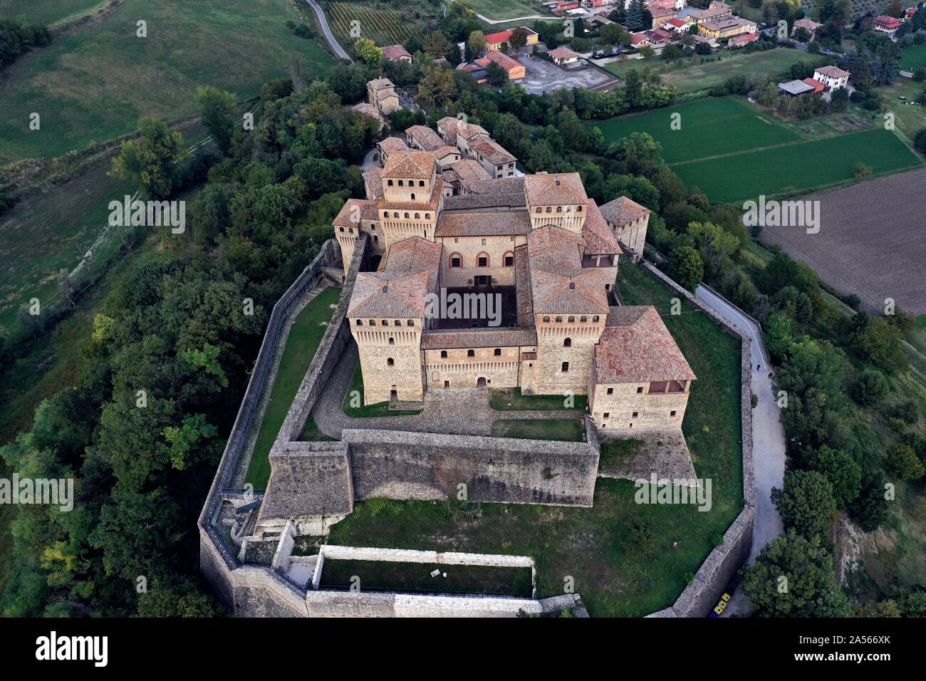 Torrechiara Castle aerial view - Torrechiara, Parma / Italy Stock Photo ...