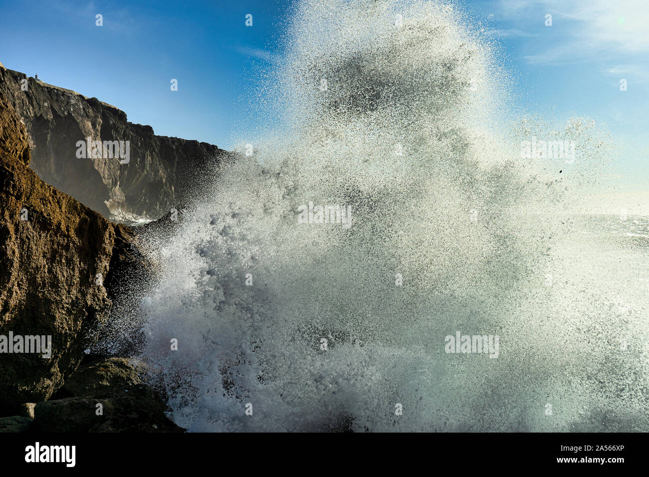 Big waves rushing to the cliffs below the Fort of Sagres (Fortaleza de ...