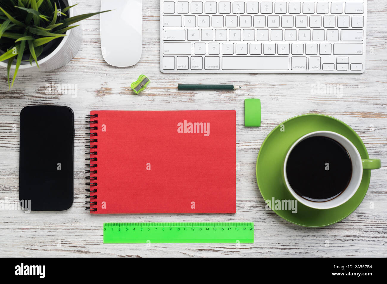 Top view modern office employee workspace. Coffee time at work. Flat ...