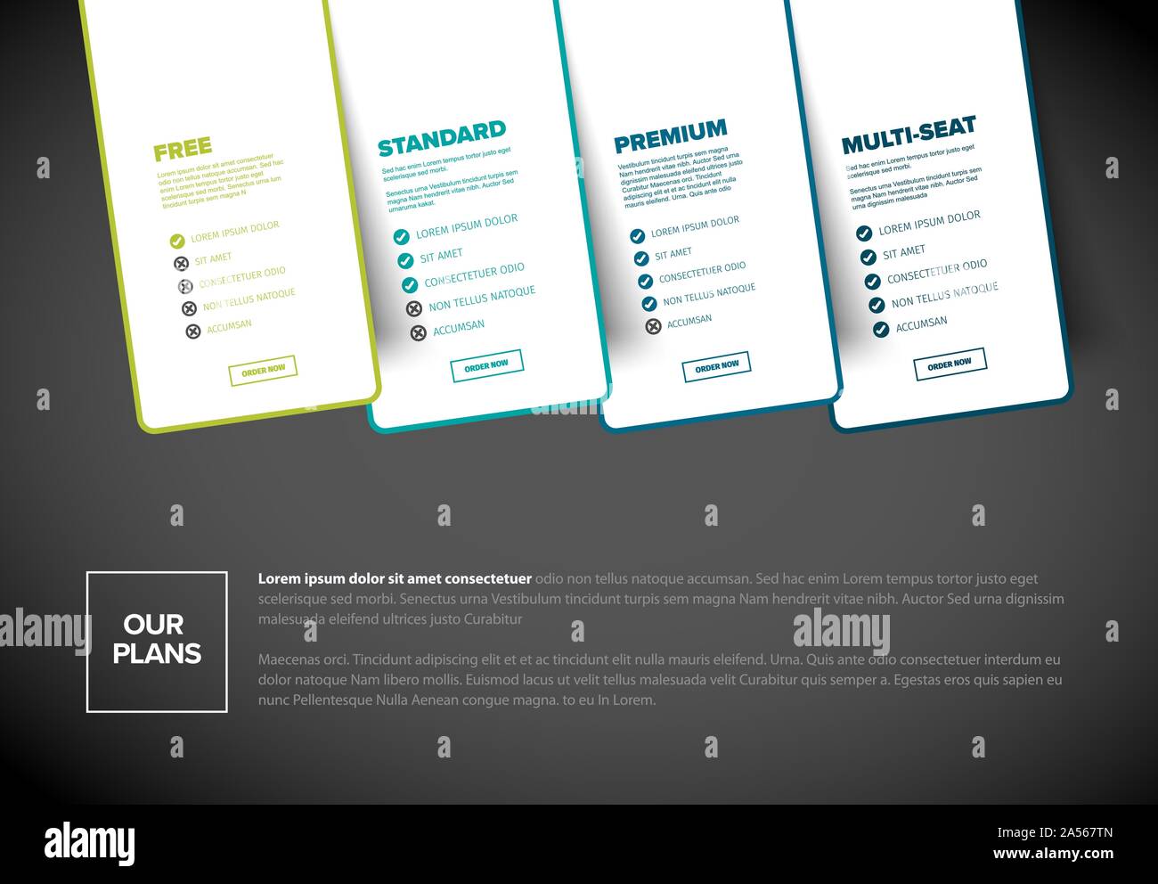Product features schema template cards with four services subscription ...