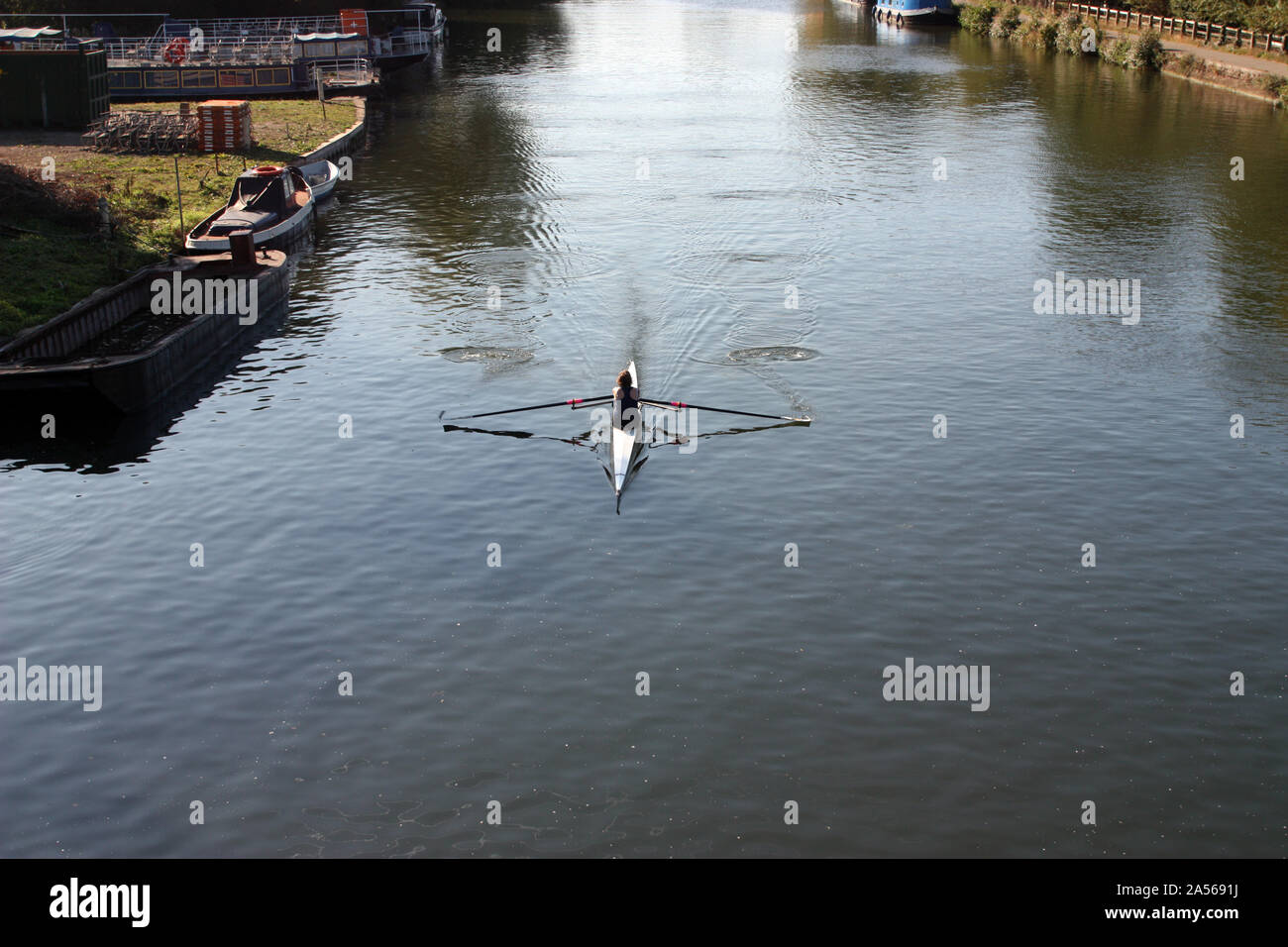 Aerial view of a rower rowing a single skull in Oxford on the Thames ...