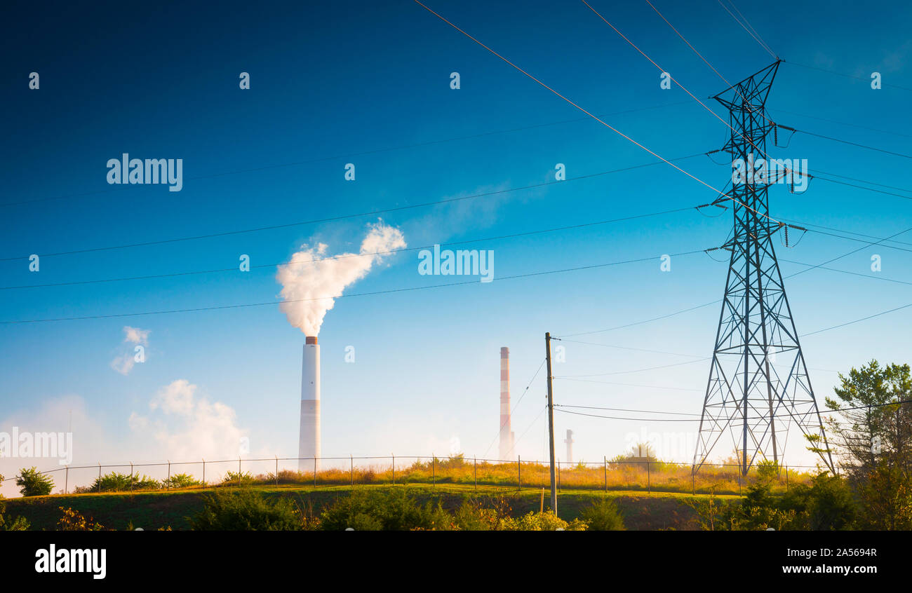Transmission tower and smoke-stack of electrical power plant Stock ...