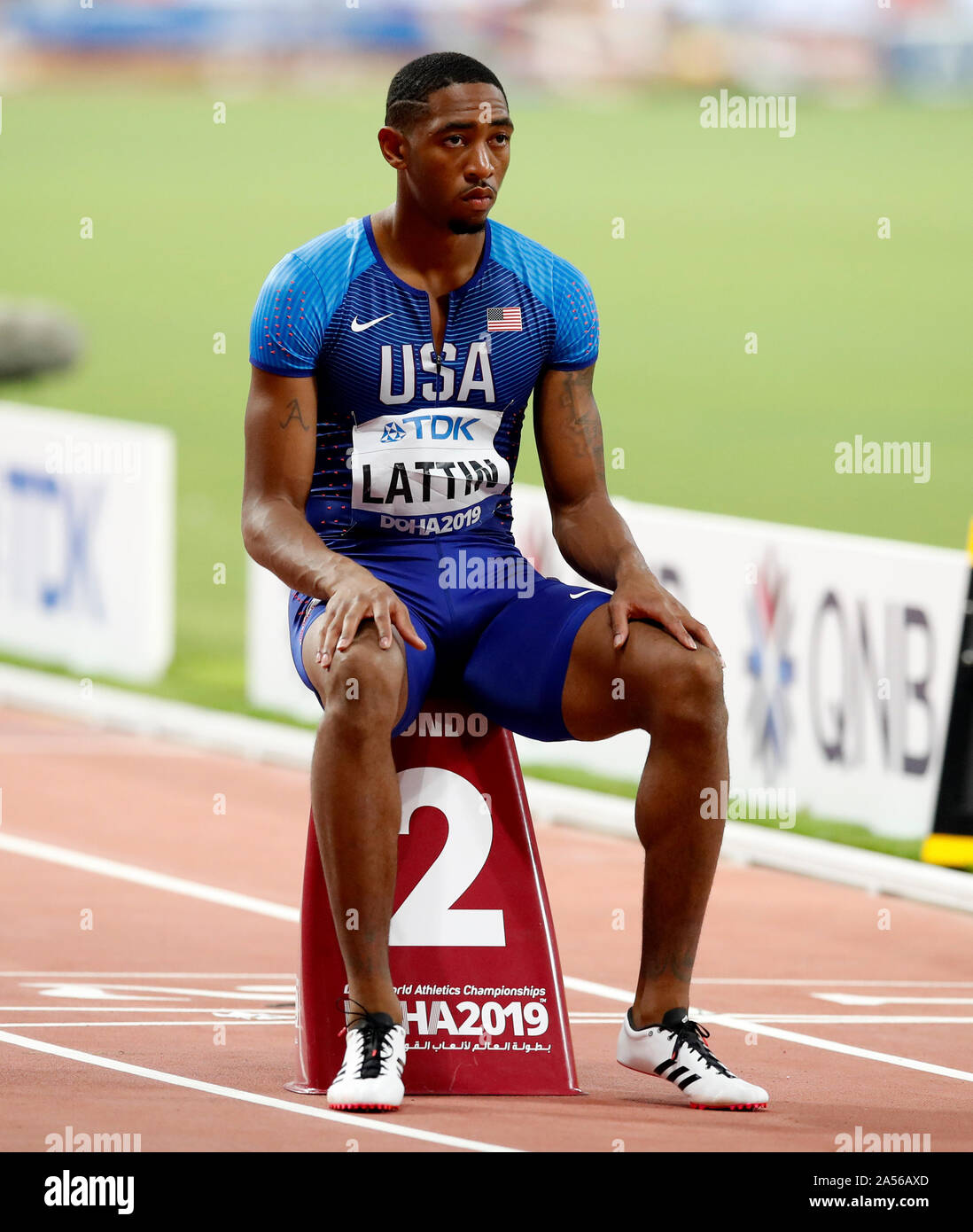 USA's Amere Lattin ahead of the Men's 400 metres hurdles heats during ...