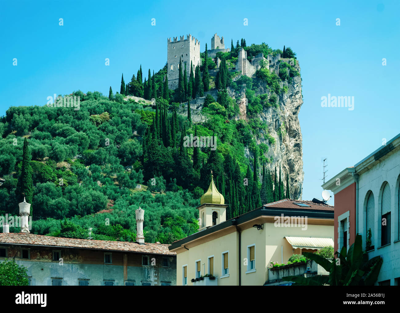 Landscape with Castello di Arco on rock at Garda lake Stock Photo - Alamy