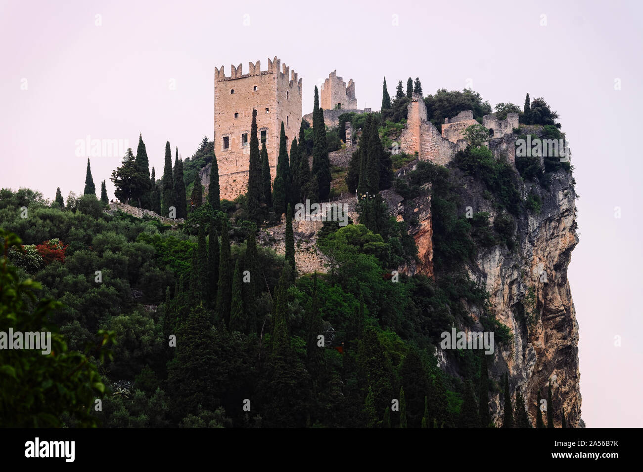 Landscape with Castello di Arco in rock Garda lake evening Stock Photo ...