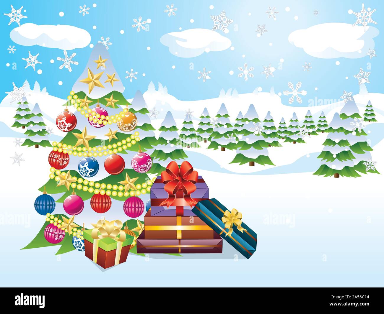 Cartoon Christmas tree with decorations and gifts on winter background ...