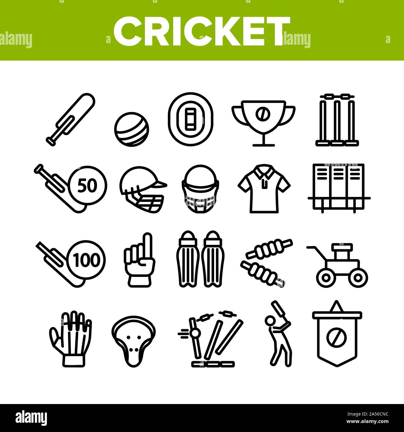 Cricket Collection Game Elements Icons Set Vector Stock Vector Image ...