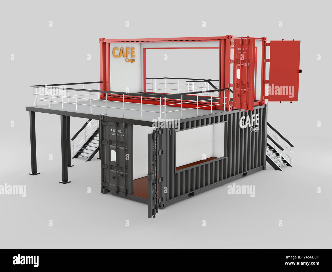 Converted old shipping container into cafe, 3d Illustration isolated ...