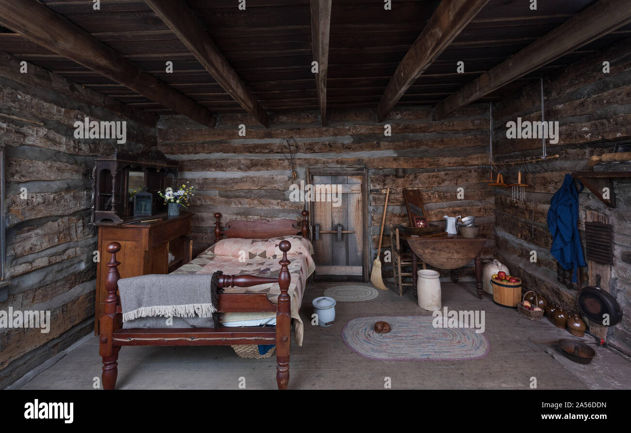 View inside the Tompkins Cabin at Log Cabin Village, a living-history ...