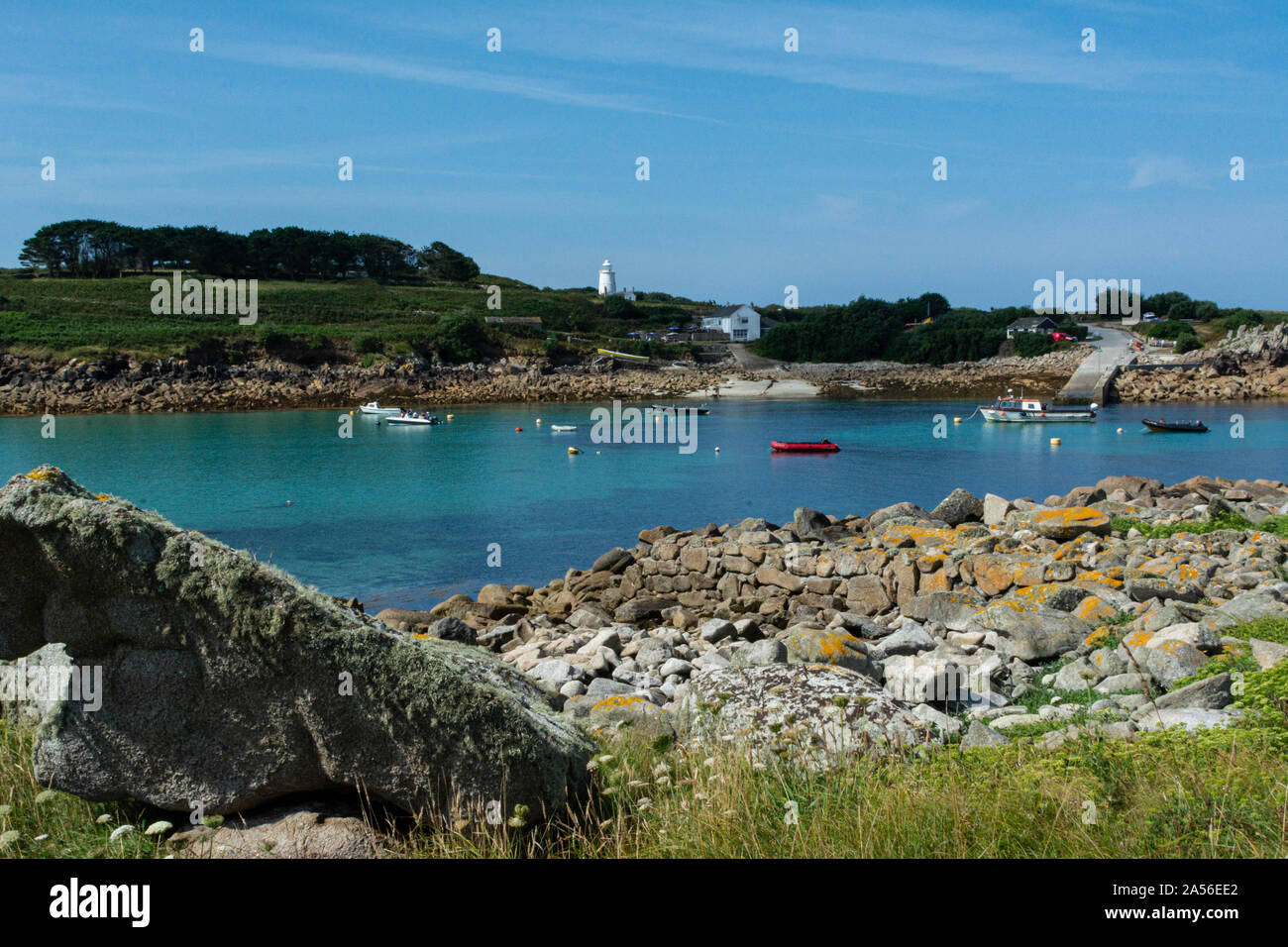 Boats in Porth Conger between St Agnes and Gugh, isles of Scilly Stock ...